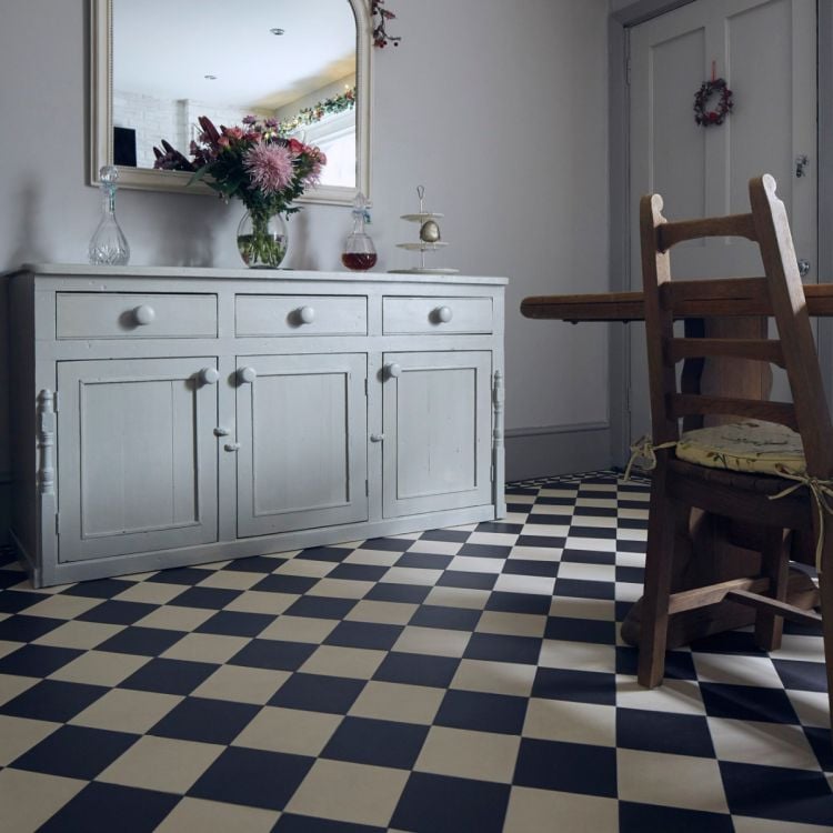 Black and white tile floor kitchen store
